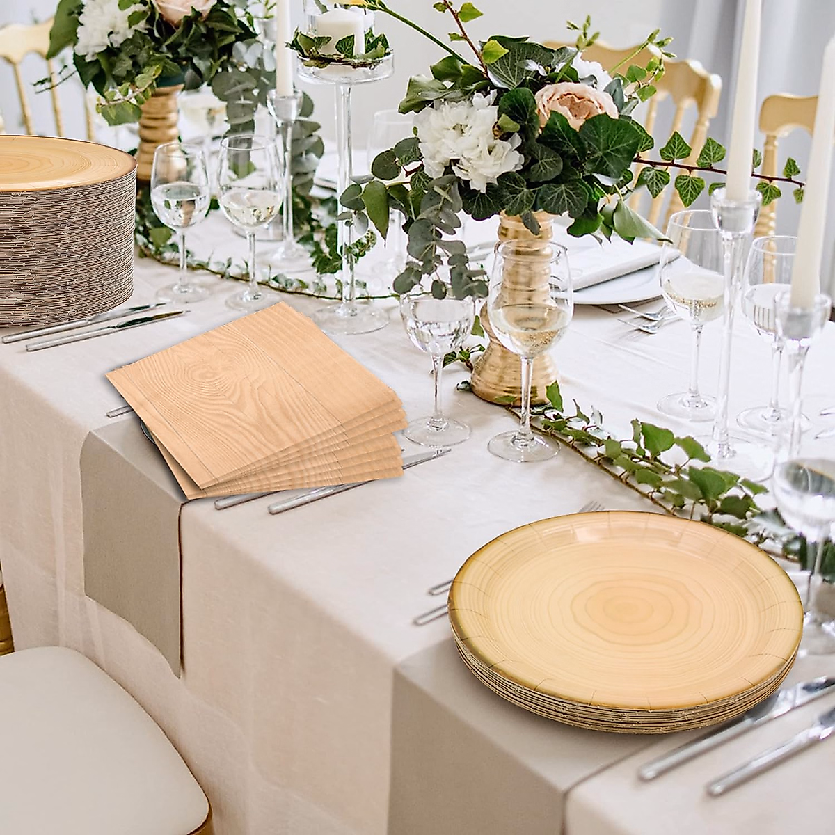 80Pcs Wood Grain Party Supplies Rustic Wood Grain Party Set 7"Wood Grain Paper Plate Wood Slice Napkins for Camp Fire Camping Woodland Animal Baby Shower Lumberjack Birthday Party Decorations|Serve 40