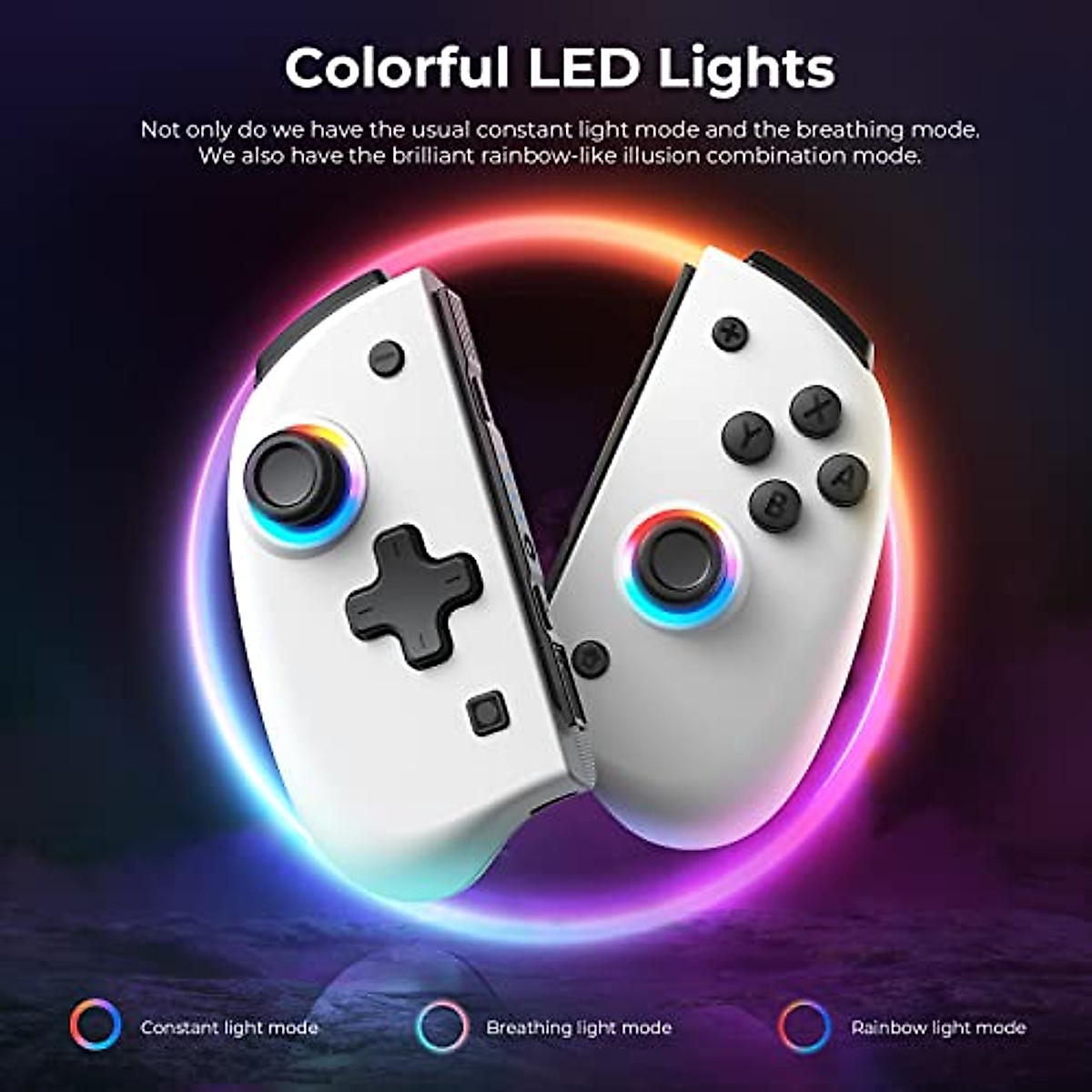 ECHTPower LED Gamepad for Switch/Switch OLED, Wireless Switch Controller, 8 Color Adjustable Light, Wake-up/Macro Button/Turbo/Vibration/Motion Functions, L/R Controllers-White