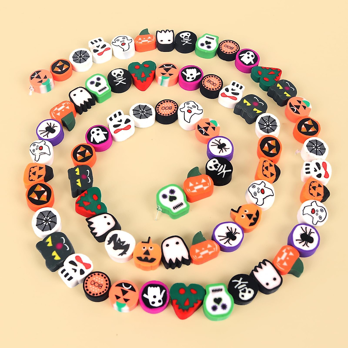 MAIOUSU STORE 200PCS Random Halloween Polymer Clay Beads Heishi Spacer Beads Fall Halloween Clay Bead Set Assorted Pumpkin Ghost Spider Bat Clay Beads for Bracelet Necklace Earring DIY