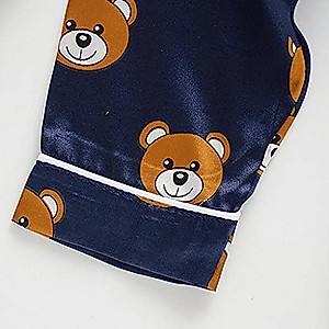 FEDULK Toddler Kids Satin Pajamas Sets, Little Boys Girls Baby Cartoon Animal Button Tops Pants Pjs Sleepwear Outfits(B-Navy,3 Years), 3-4T