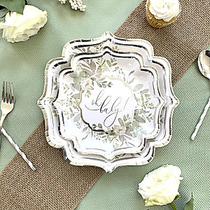 Greenery Baby Shower | Sage Green "Oh Baby" Baby Shower Set | Stunning Real Silver Foil | Serves 16 | Gender Neutral Baby Shower Decorations | Elegant Greenery Baby Shower Decorations |Greenery theme