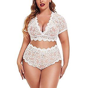 Avidlove Wedding Lingerie for Bride Plus Floral Lace Scallop Trim Lingerie Set Deep V Allover Lace Bra Panties Set Sexy Clubwear (18 Plus, White)