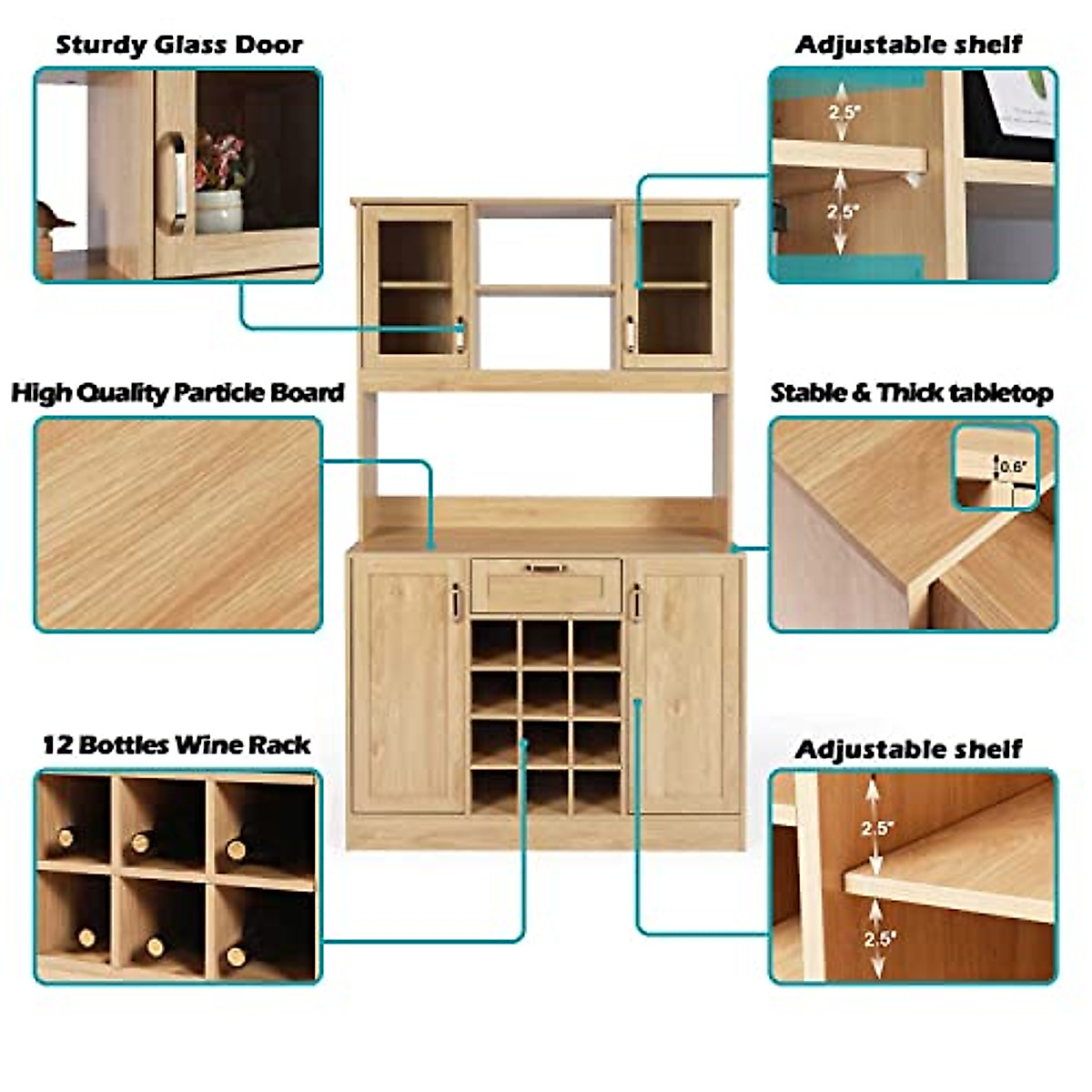 OKL Kitchen Pantry Storage Cabinet, 71" Traditional Freestanding Kitchen Buffet with Hutch with Microwave Countertop & Shelves, Kitchen Cupboard with Glass Doors for Living Room, Dining Room, Brown