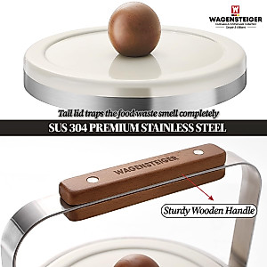 WAGENSTEIGER Kitchen Countertop Compost Bin 96 oz/3 Liter Airtight Lid SUS304 Premium Stainless Steel Odor-Free Food Waste Bin with Wooden Handle Stylish Design Modern Kitchen (Off-White)