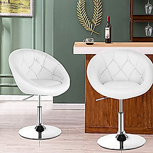 COSTWAY Vanity Chair, Contemporary Height Adjustable Makeup Chair with Chrome Frame, Tufted Round-Back, Modern Swivel Accent Chair for Lounge, Pub, Bar, White