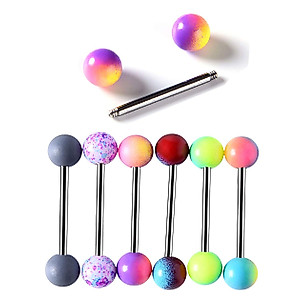 Tanyoyo 14G 18 Pcs Colorful Ball Tongue Rings Stainless Steel Barbell Tongue Straight Ring Retainer Nipple Ring Bar Length 16mm For Women Men (18PCS Colorful)