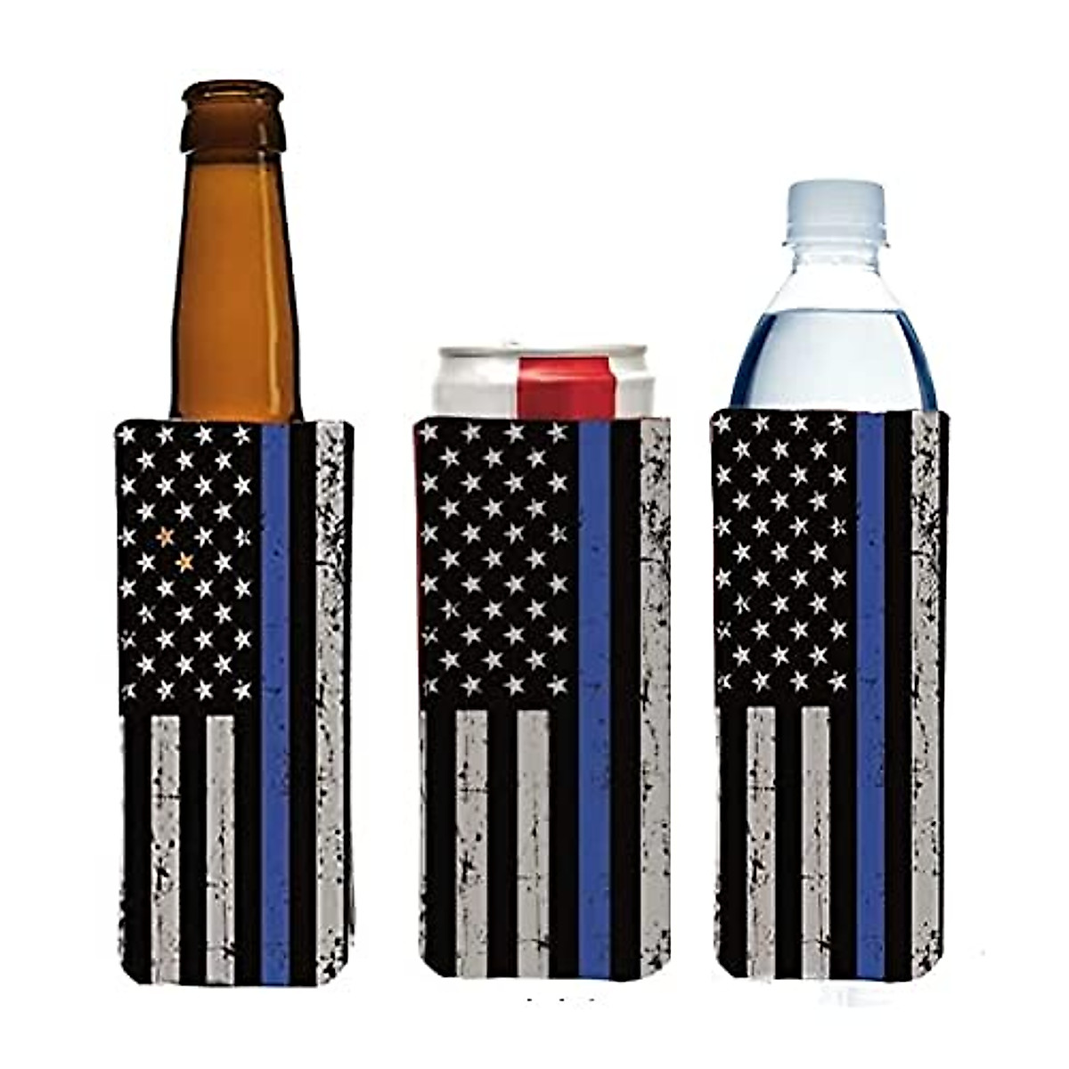 PKM - (2) Back the Blue Thin Blue Line Slim Can Cooler Sleeve - Beer Blank Skinny 12 oz Neoprene Coolie - Perfect For 12oz Red Bull, Michelob Ultra,Truly