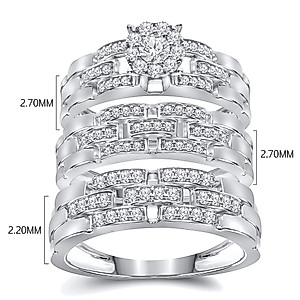 Elmas 3/4ct Round White CZ Cubic Zirconia 925 Sterling Silver Trio Wedding Engagement Bridal Ring Set for Him and Her