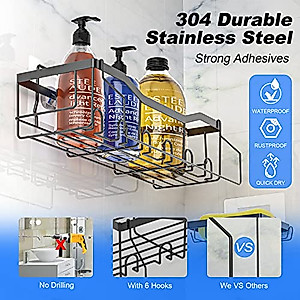 Shower Caddy Shelves, Adhesive Shower Organizer,Rustproof Stainless Steel Shower Shelf for Inside Shower, No Drilling Rustproof Bathroom Shower Caddy Basket Shelf with Soap Holder and 4 Hooks (Black)