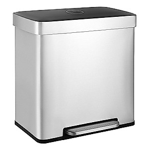 Arlopu 16 Gallon Stainless Steel Trash Can, 60L Kitchen Classified Recycle Garbage Can, Dual Compartment Dustbin with Removable Inner Buckets, Step-on, Soft-Close Lid, for Home Office, Silver