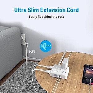 Flat Plug Power Strip - TROND 10FT Thin Flat Extension Cord Surge Protector with 3 USB-A & 1 USB-C Port, Slim Cord with 8 Widely-Spaced Outlets, 1440J, Wall Mount for Home Office Dorm Room, White