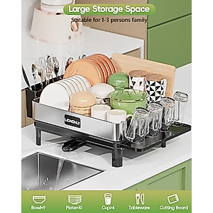 LIONONLY Dish Drying Rack, Thicker Premium 304 Stainless Steel Dish Racks for Kitchen Counter, Drainer & Drainboard Set with Adjustable Spout, Utensil Holder and Cup Holder, Black