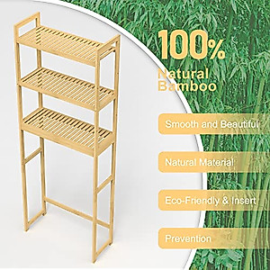 PINPON Bamboo Over The Toilet Storage Shelf, 3-Tier Bamboo Bathroom Shelf Organizer, Multifunctional Over Toilet Shelf Stand Rack Space Saver for Laundry Room, Restroom, Balcony, Bamboo