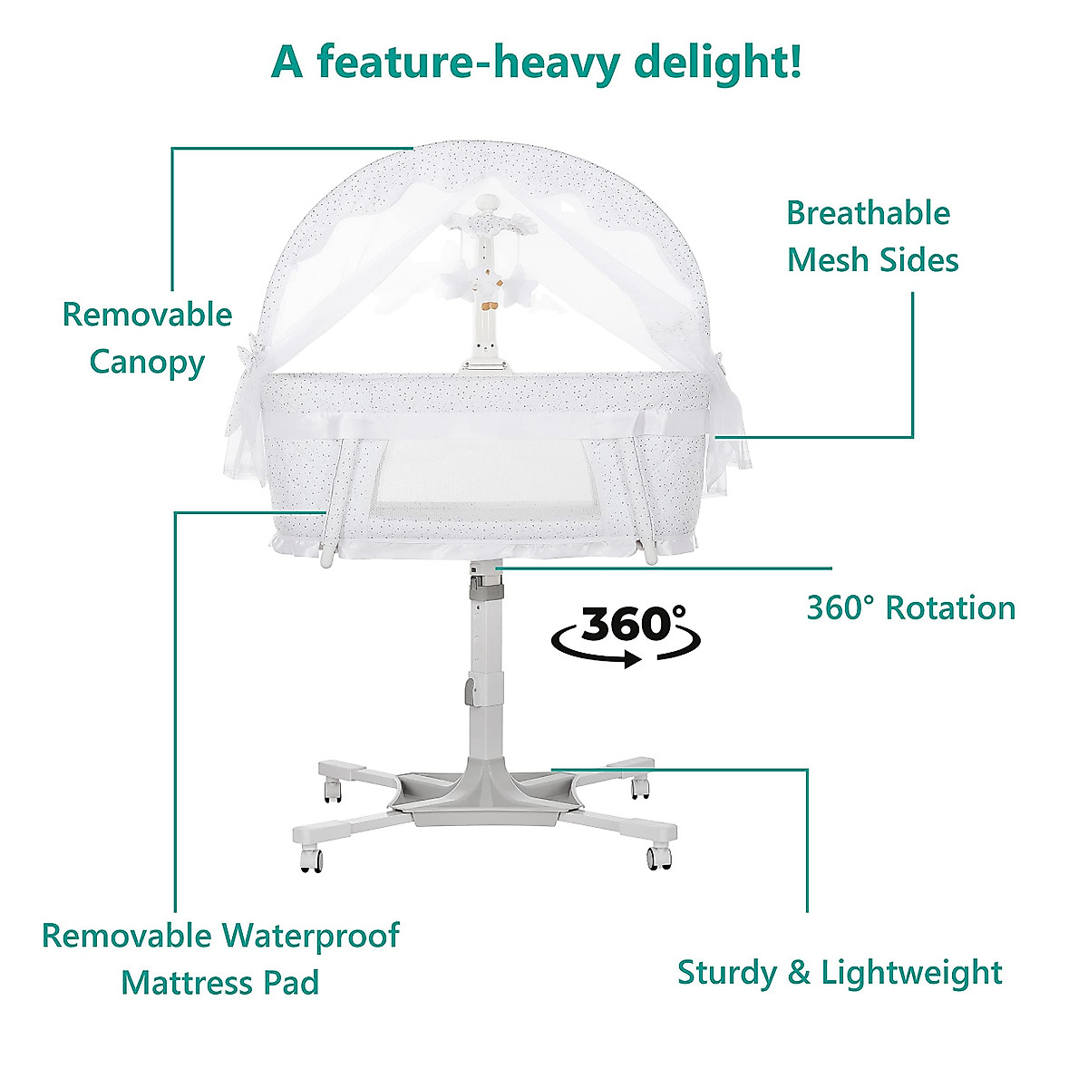 Dream on Me Breeze Swivel Baby Bassinet in White, 4 Adjustable Height Positions, Sturdy and Lightweight Portable Bassinet, Breathable Mesh Sides with Waterproof Mattress Pad
