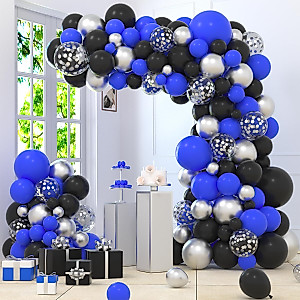Royal Blue and Black Silver Balloon Garland Arch Kit - 122PCS Blue Black Balloons Metallic Silver Confetti Balloons Video Gaming Party Supplies for Boy Video Cards Gamer Fan Men 20th 30th 40th 50th Birthday Retirement Party Decorations Men