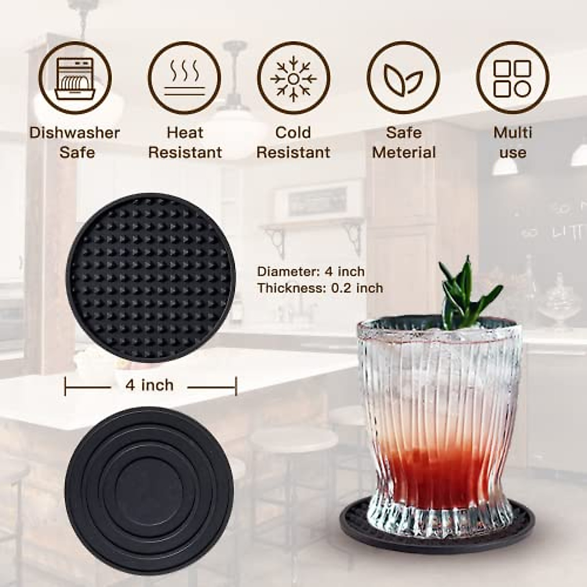 Silicone Coasters for Drinks with Holder, Drink Coasters with Grooved Pattern, Non-Slip Base, Washable and Heat Resistant Coffee Coasters for Table/ Kitchen/Office/Bar (Pyramid Pattern-Black)
