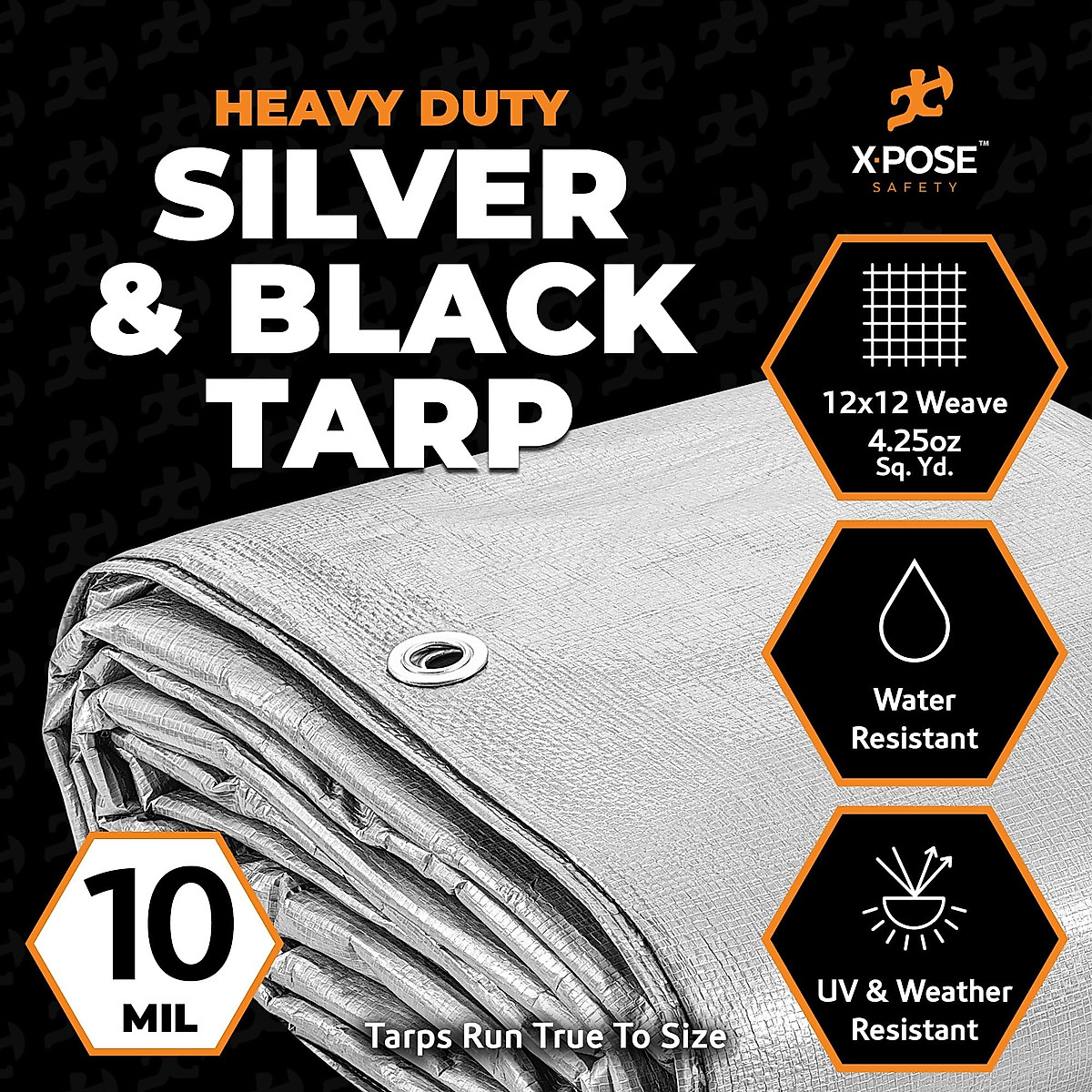 Heavy Duty Poly Tarp - 8' x 10' - 10 Mil Thick Waterproof, UV Blocking Protective Cover - Reversible Silver and Black - Laminated Coating - Grommets - by Xpose Safety