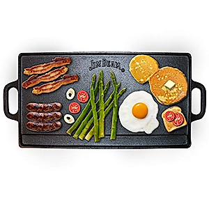 Jim Beam Skillet Pre Seasoned Heavy Duty Construction Double Sided Cast Iron Griddle Pan with Superior Heat Retention, 20"x1"x9", Large, Black,BBQ168