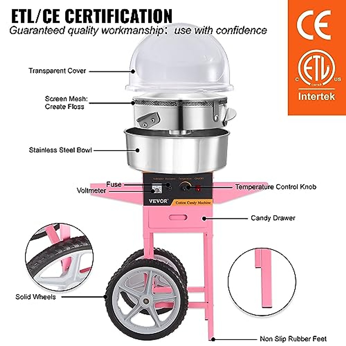 VEVOR Electric Cotton Candy Machine Cart with Bubble Cover Shield, 1000W Commercial Floss Maker with Stainless Steel Bowl, Sugar Scoop and Drawer, Perfect for Home, Kids Birthday, Family Party, Pink