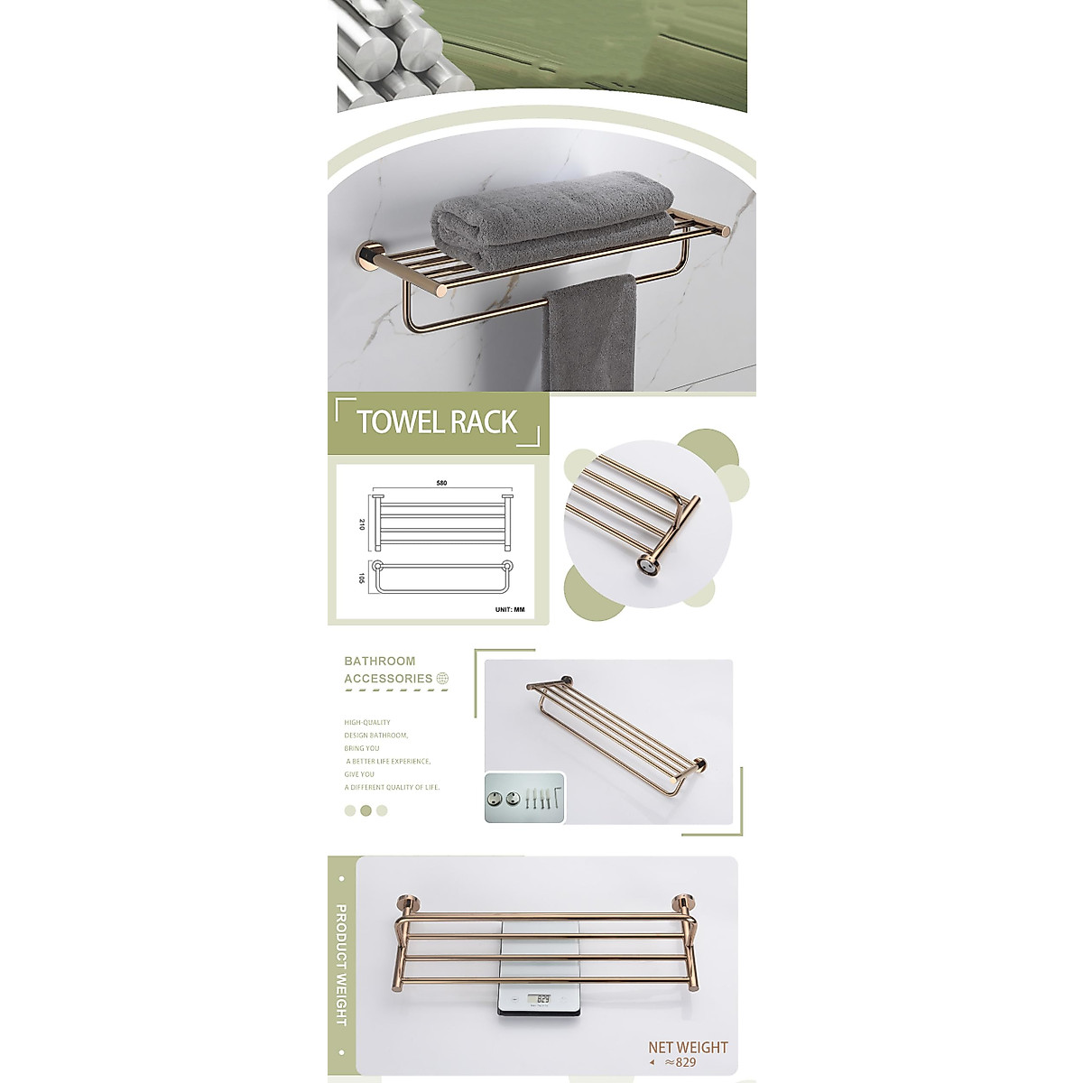 Rose Gold Bathroom Accessories 304 Stainless Steel Towel Rack Toilet Roll Paper Tissue Holder Double Cup Towel Bar Hooks,Towel Rack