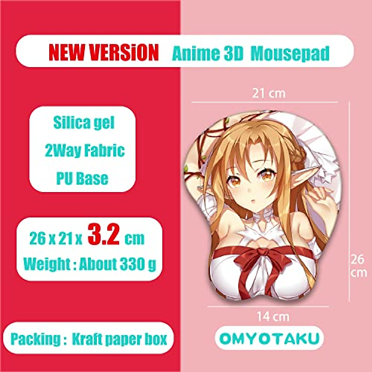 Yuuki Asuna Anime 3D Mousepads, Uncensored Oppai Ergonomics Mouse Pad with Wrist Rest Support, Silicon Gel Wrist Mice mat (Yellow)