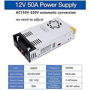High-Power SMPS 110V/220V AC to 12V DC Converter - 50A 600W Power Supply - Adjustable Switch Transformer for LED Strip, LCD Monitor CCTV, Radio/Car Stereos, 3D Printer - includes 2 Clamp Wires