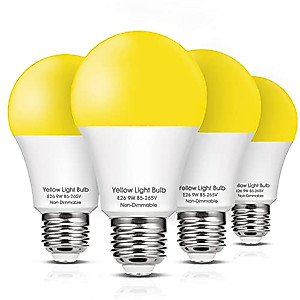 Yellow LED Bug Light Bulbs Outside, A19 LED Yellow Bug Bulb Outdoor 60W Equivalent, 9W Yellow Amber Bug Lights E26 Base Porch Lights, Non-Dimmable LED Lighting for Home, Patio, Deck, Backyard, 4 Pack