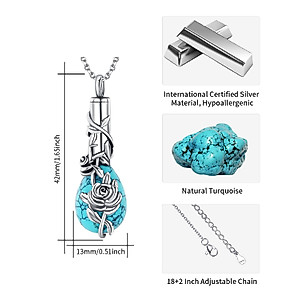 BDL Turquoise Necklace - Sterling Silver Rose Teardrop Naturl Turquoise Cylinder Pendant Necklace, Boho Necklace, Western Jewelry for Wife or Mom, 18"…