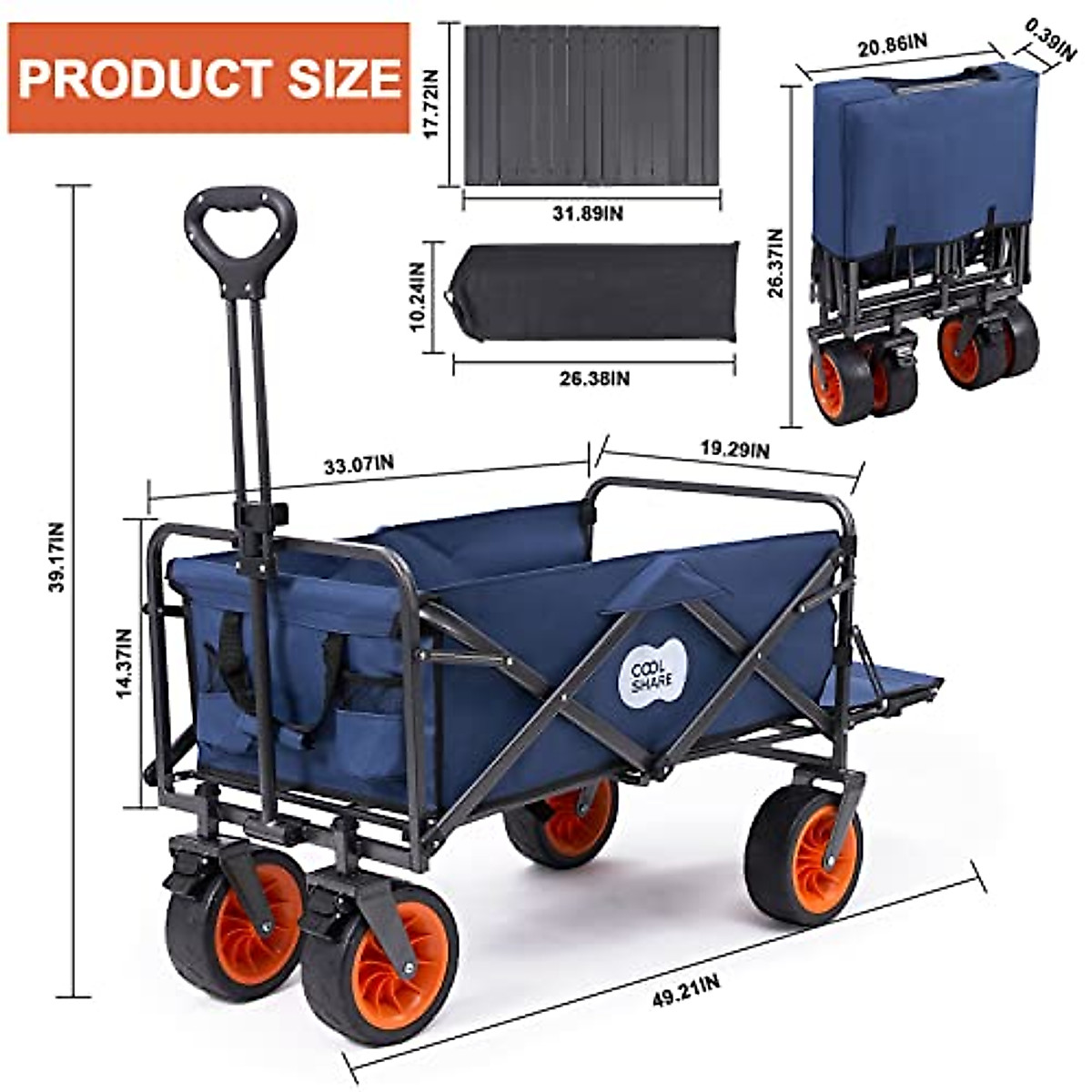 Collapsible Wagon with Big Wheels,Portable Folding Beach Wagon Cart with 330Lbs Capacity,Heacy Duty Utility Foldable Wagon Cart with Aluminum Table and Gate Open Desgin for Camping,Garden(Navy Blue)