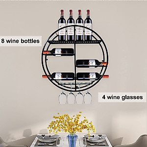 Wall Mounted Wine Rack, Elegant Black Metal Round Wine Glass Holder for Home Bar and Kitchen Décor - Space-Saving Wine Bottle Organizer and Glass Shelf for Parties and Entertaining - 23.6 Inches