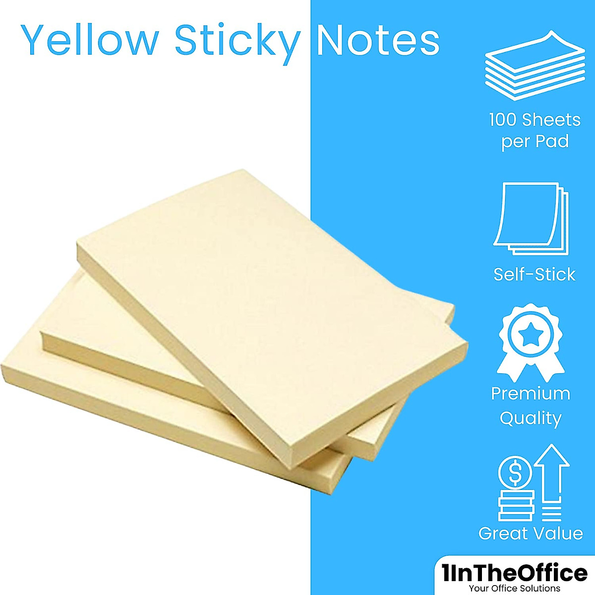 1InTheOffice Yellow Sticky Notes 3x5 Unlined, Self Stick Note Pads,100-Sheet, 18/Pack