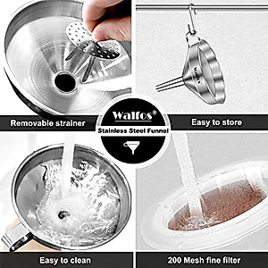 Walfos 3Pcs Kitchen Funnel with 2 Removable Strainer ＆ 1 Cleaning Brush & 1Pc 200 Mesh Food Filter Strainer, Food Grade Stainless Steel Funnel for Transferring of Liquid, Oils, Jam, Dry Ingredients
