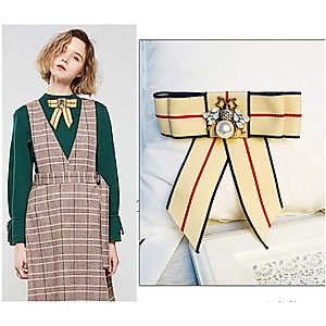 Vpang Crystal Bee Bow Brooch Pre-Tied Neck Tie Brooch Pin Striped Bow Tie for Women Wedding Party Bow Tie (Beige)