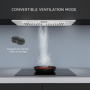 Hermitlux 30 inch Built-in/Insert Range Hood, 600 CFM 3 Speed Vent Hood, Ducted/Ductless Convertible, Stainless Steel with Bright LED Light, Baffle Filters and Charcoal Filters