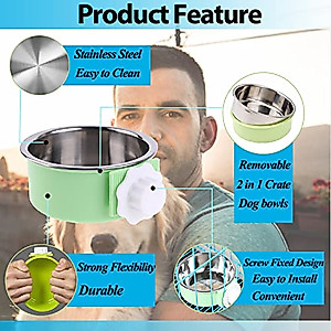 Mechpia 2 Pieces Crate Dog Bowl, Removable Stainless Steel Pet Kennel Hanging Food Water Feeder Bowl Cage Coop Cup for Puppy Medium Dog Cat Rabbit Ferret Bird (Blue,Green)