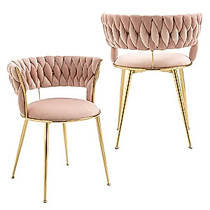 LETESA Velvet Dining Chairs Set of 2 with Hand Woven Hollow Backrest Design, Modern Upholstered Accent Chairs with Gold Metal Legs, Vanity Chairs for Dining Room, Living Room (Pink)