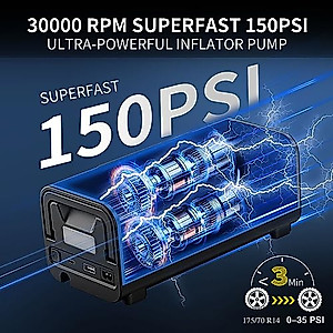 Dexico Portable Air Compressor Tire Inflator -Upgrade 10400mAh Electric Air Pump for Car Tires-150 PSI Tire Pump-Cordless Tire Inflation with Pressure Gauge Emergency Light for Car, Truck, Black