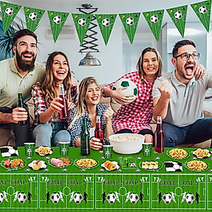 Soccer Party Decorations 98Pcs Soccer Birthday Party Decorations Suppiles Set Include Dinner Plates, Dessert Plates, Napkins, Cups, Banner and Tablecloth Soccer Theme Party Favors Kit