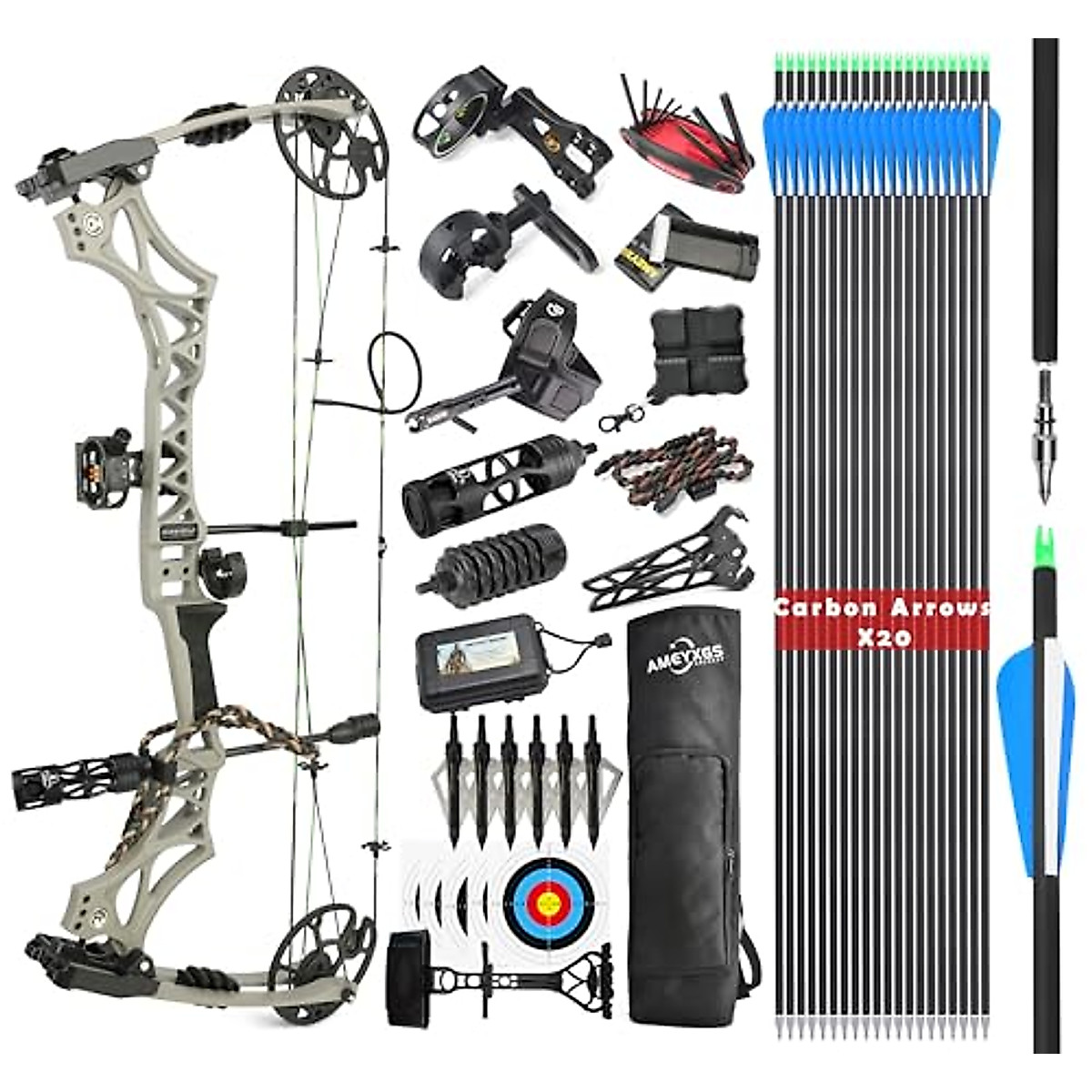 surwolf Compound Bow Kit, Hunting and Target, Limb Made in USA,Draw Weight 30-70 lbs Adjustable, Draw Length 19-31",up to IBO 320FPS Speed, Package with Archery Hunting Accessories (Grey)