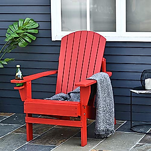 Outsunny Wooden Adirondack Chair, Outdoor Patio Lawn Chair with Cup Holder, Weather Resistant Lawn Furniture, Classic Lounge for Deck, Garden, Backyard, Fire Pit, Red