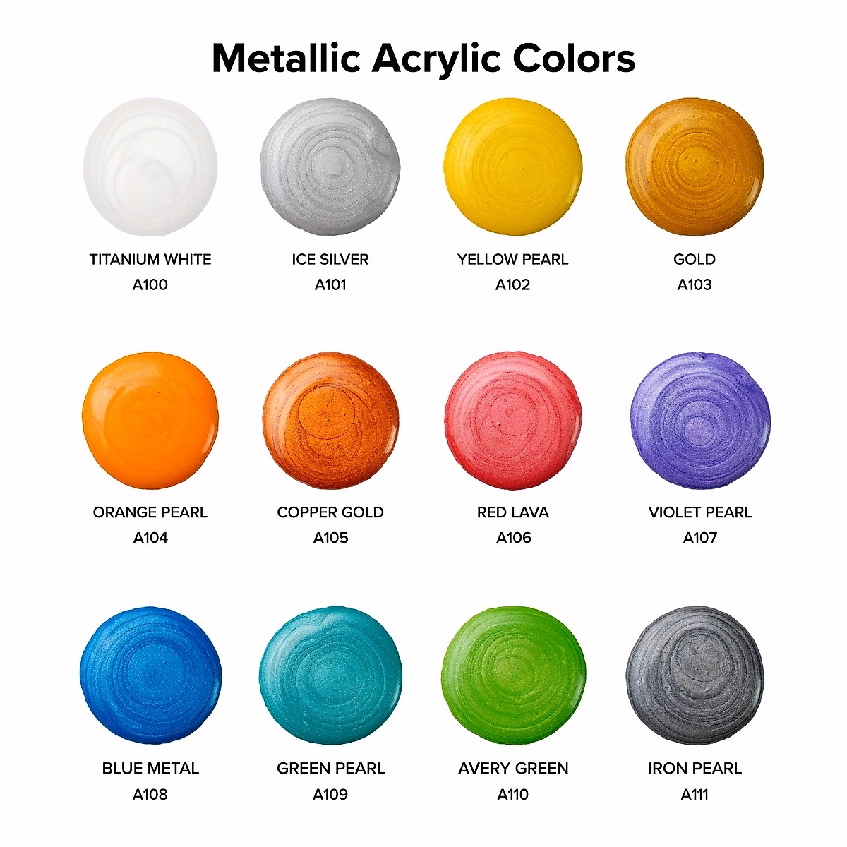 GenCrafts Metallic Acrylic Pouring Paint - Set of 12 Metallic Colors - Pre-Mixed High Flow & Ready to Pour - 2 oz./ 59 ml Bottles - Multi-purpose Paints for Canvas & Paper, Rocks, Wood and More