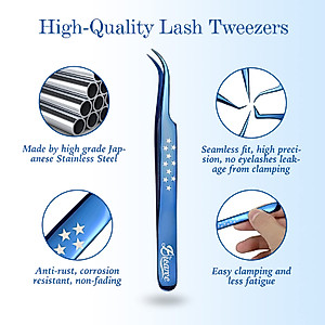 BICAREE Eyelash Extension Tweezers for Isolation & Classic Lashes, Stainless Steel Precision Tweezers (Straight, Blue)
