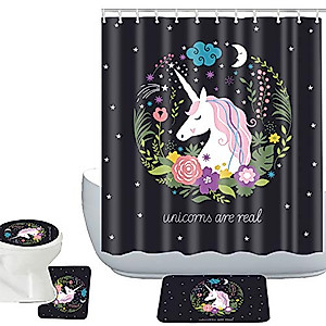 Amagical Unicorns are Real Pattern 16 Piece Bathroom Mat Set Shower Curtain Set Bath Mat Contour Mat Toilet Cover Fabric Shower Curtain with 12 Hooks Black (16)