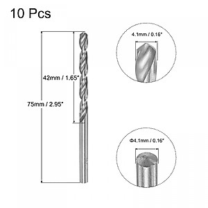 uxcell 10 Pcs 4.1mm HSS(High Speed Steel) W6542 Micro Drill Bits, Fully Ground Jobber 75mm Length Drill Bit for Mild Steel Copper Aluminum