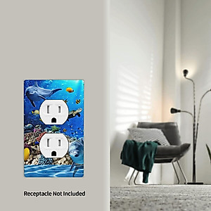 Ocean Dolphin 1 Gang Electrical Outlet Cover Single Duplex Socket Plug Receptacle Wallplate Marine Life Kids Boys Bedroom Nursery Aquarium Decor Decorative Blue Fish Sea Ceatures Faceplate