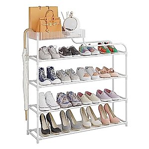 Sywhitta 4-Tier Shoe Rack Storage Organizer Shoe Shelf with Storage Box Multi-Function, Free Standing Shoe Racks High Capacity Shoe Organizer for Corridor, Living Room, Balcony, Bedroom, White