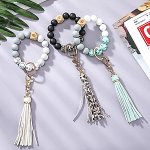 MTLEE 3 Pieces Mother's Day Silicone Keychain Beaded Wristlet Key Ring Bracelet Beaded Keychain with Leather Tassel for Women