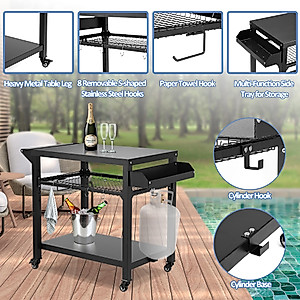 Spurgehom Grill Cart, Pizza Oven Stand Table with Wheels Dining Cart Table for Outside Patio, Outdoor Movable Kitchen Cooking Prep Table BBQ Cart with Mesh Racks for Home Party, Bar, Camping