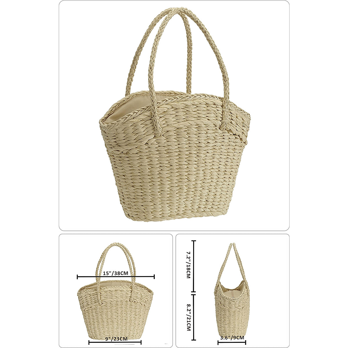 So'each Women's Handbag Wicker Woven Rattan Straw Tote Bag Basket Shoulder Bag Beige