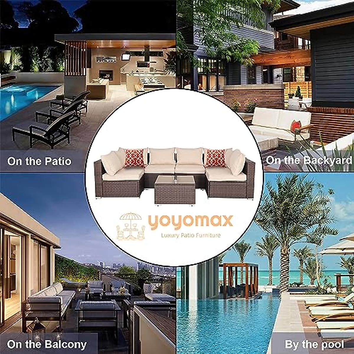 yoyomax, Light Brown Outdoor Clearance, 7 Pieces Patio Furniture All Weather PE Rattan Wicker Conversation Sofa Set w/6 Chairs, Pillows, Coffee Table for Balcony Backyard Garden, 7PCS-B